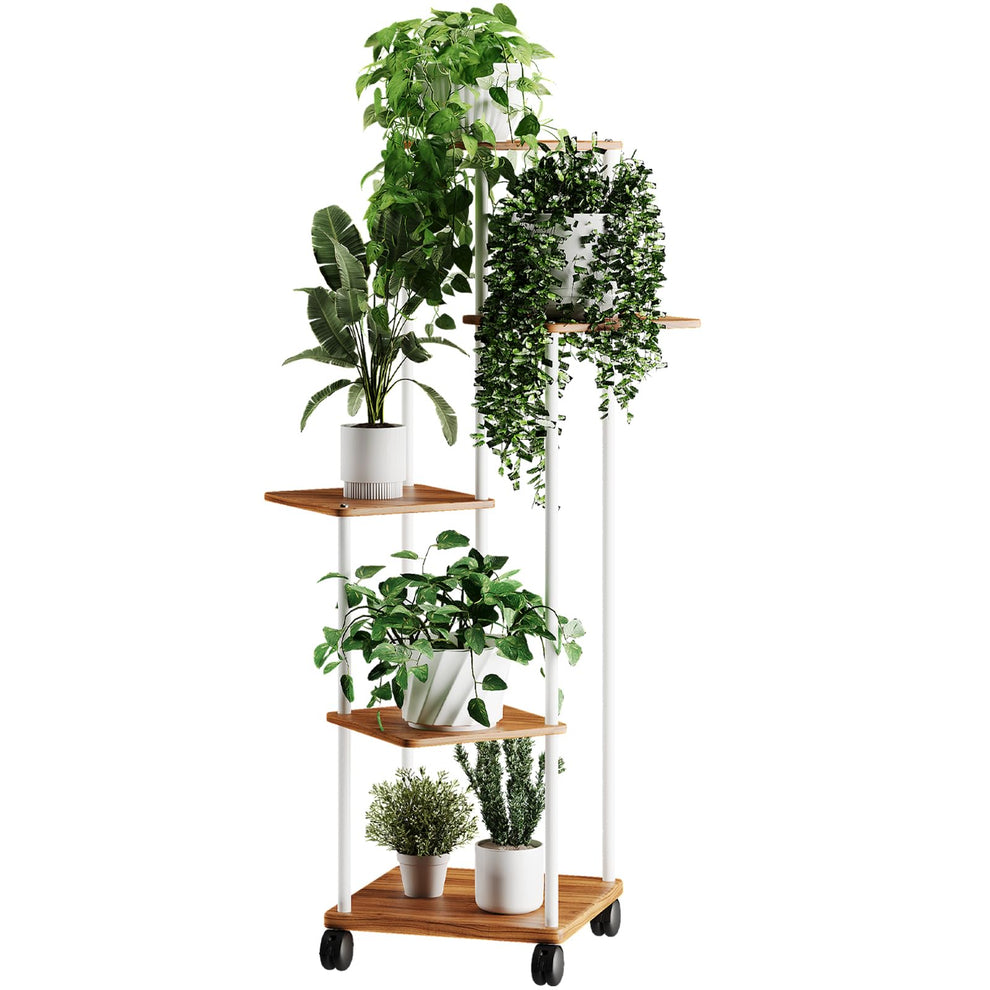 5 Tier Wooden Flower Shelf, Plant Shelf with Optional Wheels, Multi Ti ...